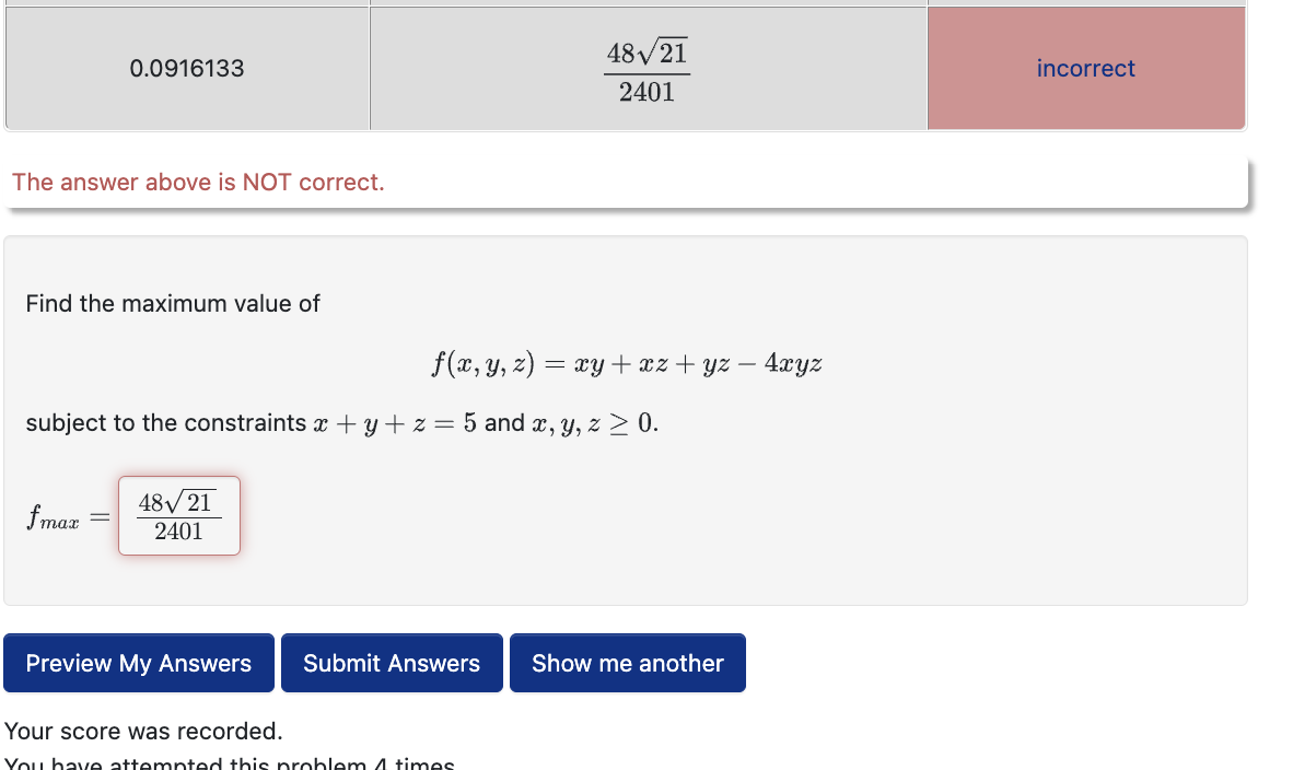 Solved The answer above is ﻿NOT correct.Find the maximum | Chegg.com