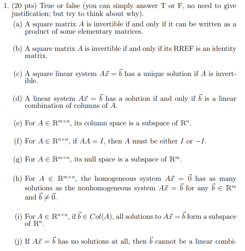 Solved 1. (20 pts) True or false (you can simply answer T or | Chegg.com