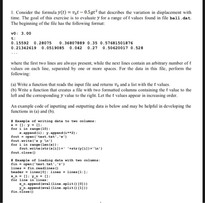 Solved 1. Consider the formula y(t)vot 0.5gt2 that describes | Chegg.com