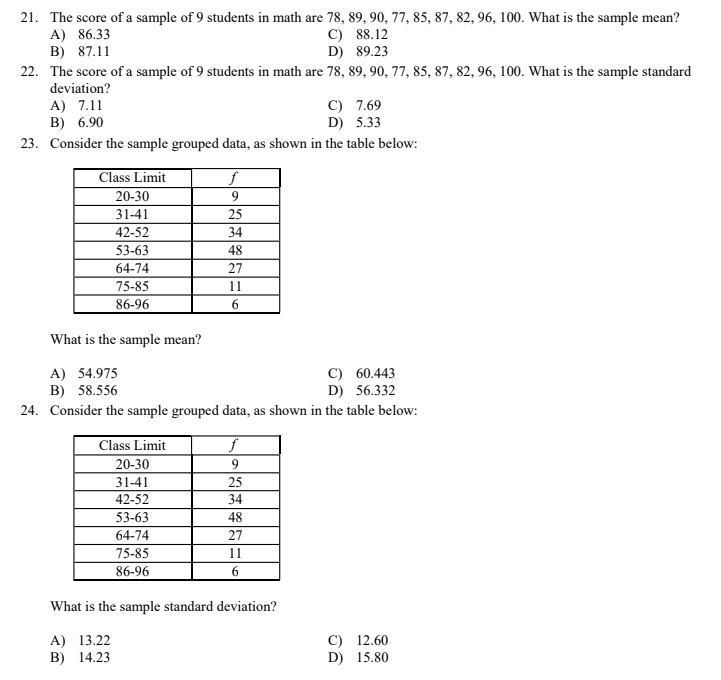 Solved 21. The score of a sample of 9 students in math are | Chegg.com