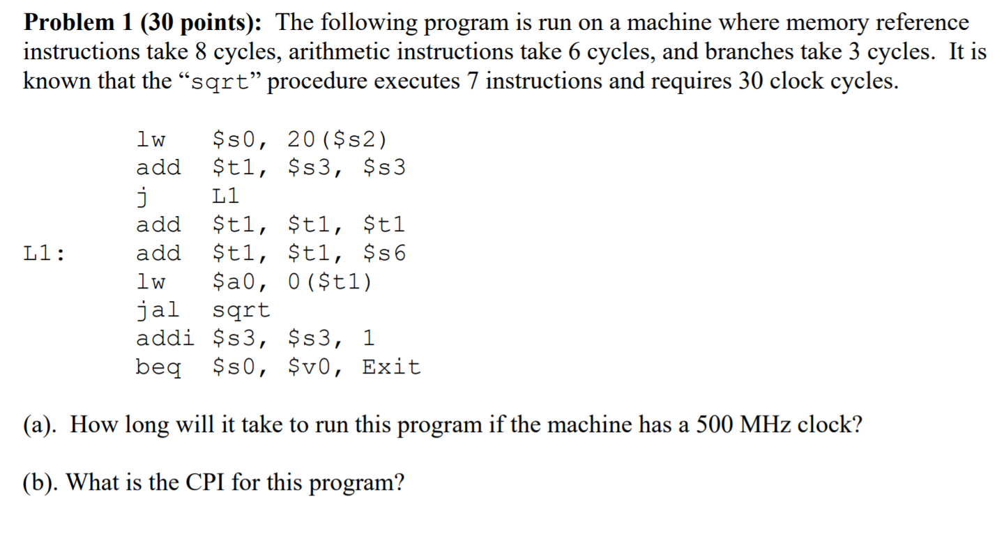 Solved Problem 1 (30 points): The following program is run | Chegg.com