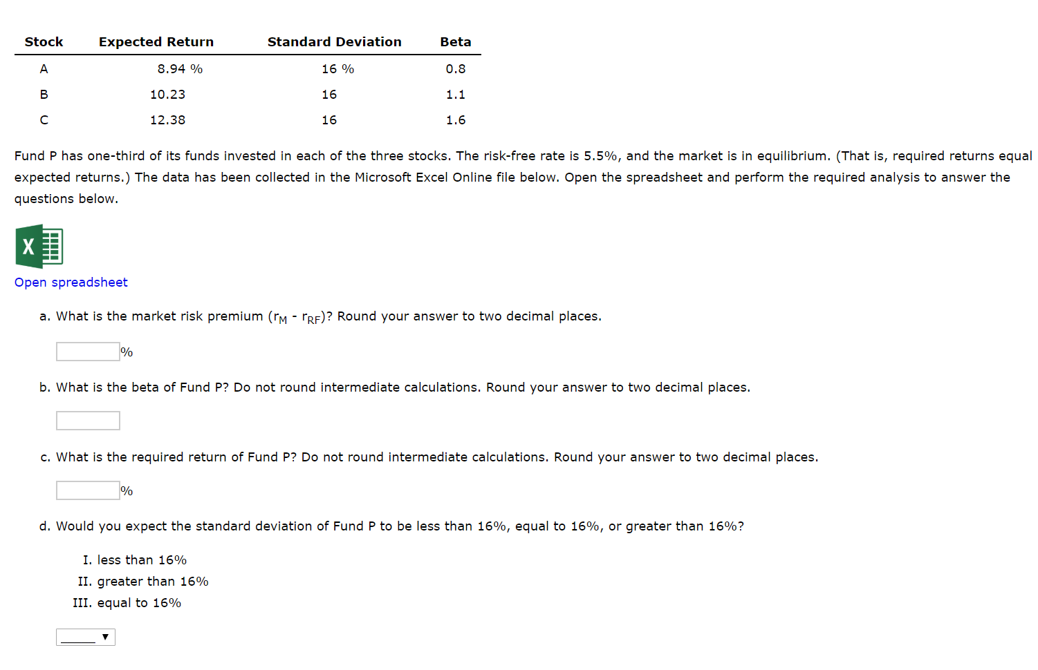 Solved Stock Expected Return Standard Deviation Beta