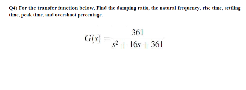 Solved Q4) For the transfer function below, Find the damping | Chegg.com