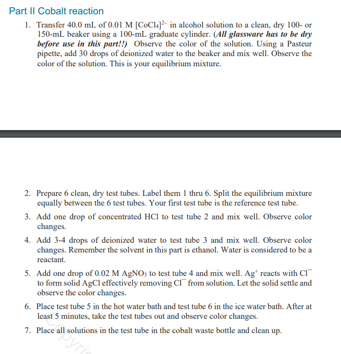Solved Part II Cobalt reaction 1. Transfer 40.0 mL of 0.01 M | Chegg.com