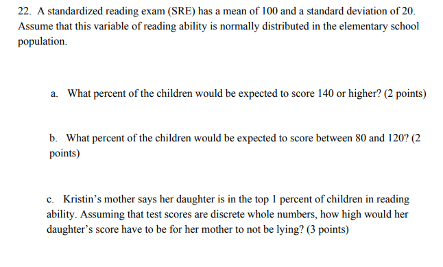 Solved 22. A standardized reading exam (SRE) has a mean of | Chegg.com