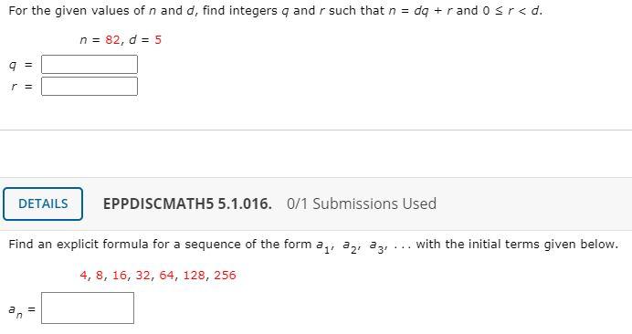 Solved For the given values of n and d, find integers q and | Chegg.com