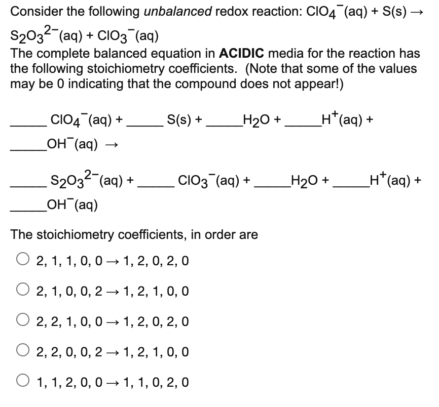 Solved Consider the following unbalanced redox reaction: | Chegg.com