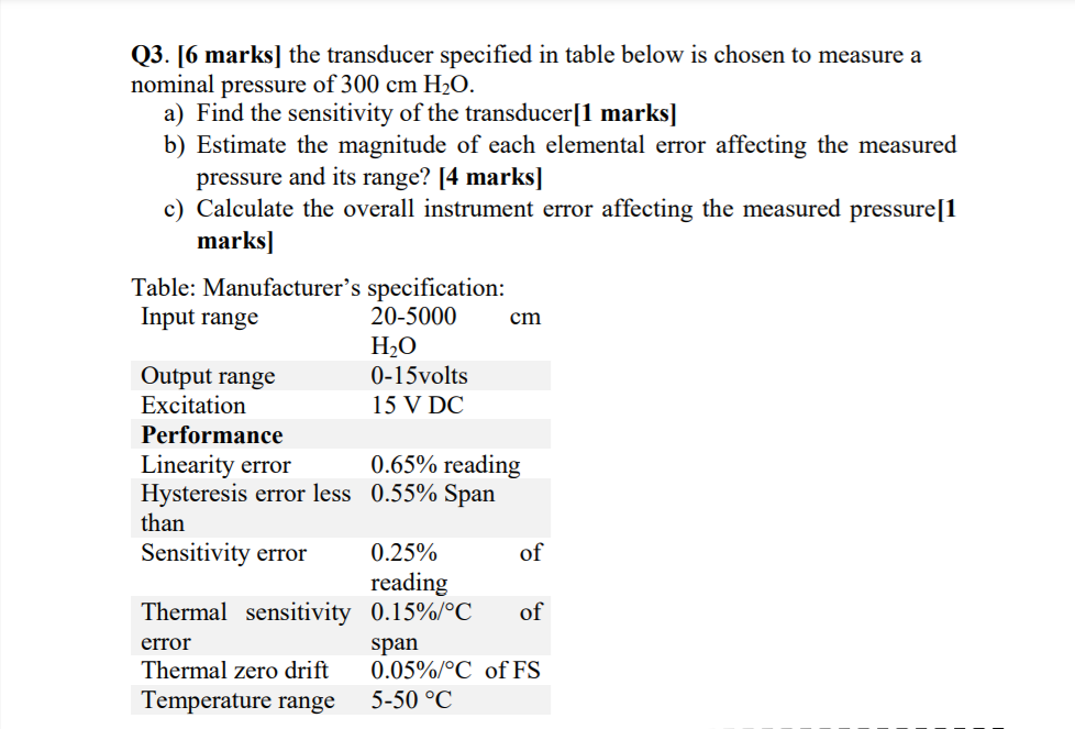 Solved Q3. [6 marks] the transducer specified in table below | Chegg.com