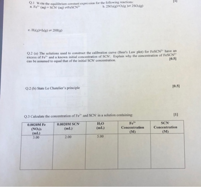 Solved Q.1 Wr a. Fe (ag)+ SCN (aq) FeSCN e the equilibrium | Chegg.com