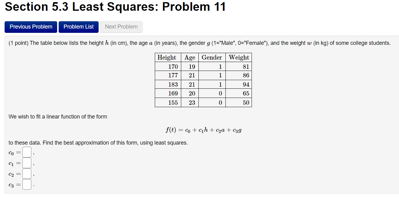 Solved Section 5.3 Least Squares: Problem 11 Previous | Chegg.com