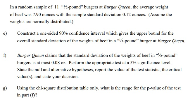 Solved In a random sample of 11 "1/2-pound” burgers at | Chegg.com