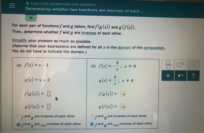 Solved OFUNCTION OPERATIONS AND INVERSES Determining whether | Chegg.com Solved OFUNCTION OPERATIONS AND INVERSES Determining whether | Chegg.com