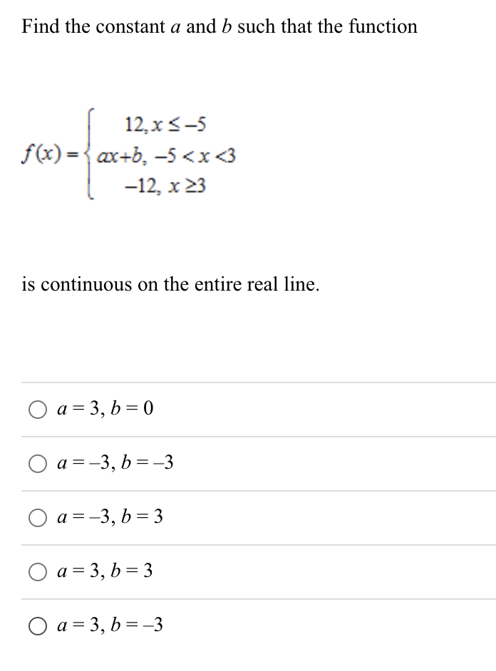 Solved Find the constant a and b such that the function | Chegg.com