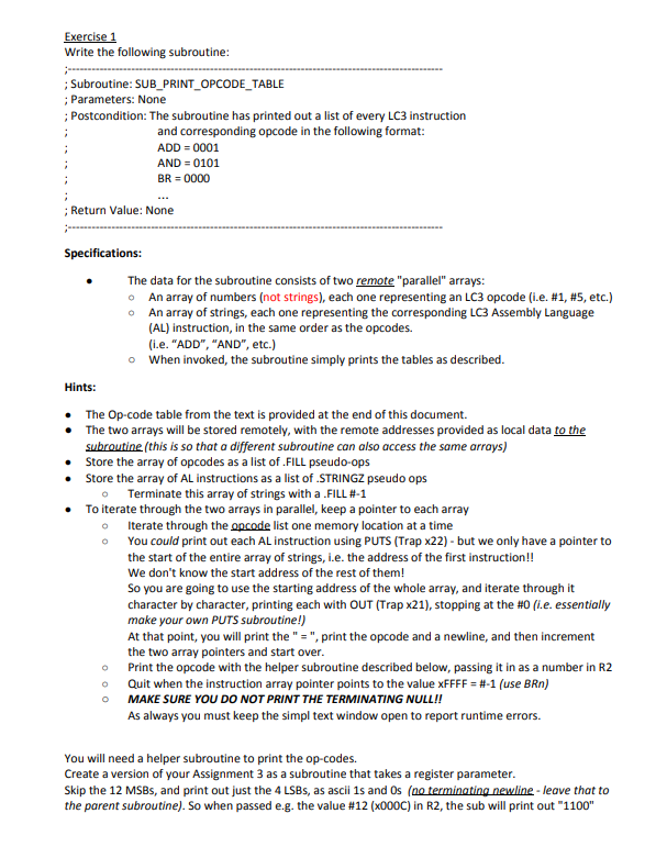 Solved Exercise 1 Write the following subroutine: | Chegg.com