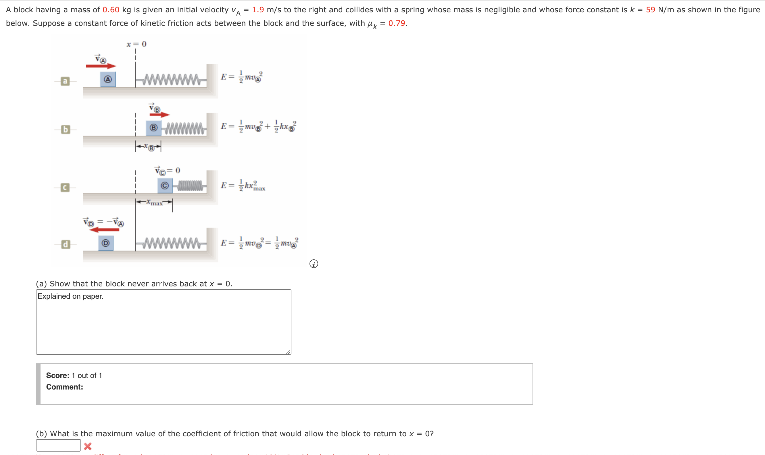 Solved A block having a mass of 0.60 kg is ﻿given an | Chegg.com