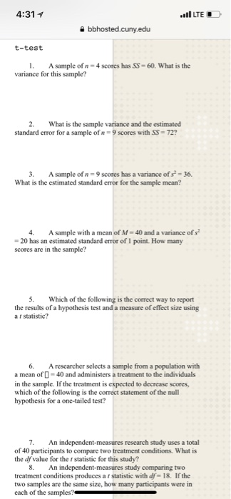 Solved 4:31 1 a bbhosted.cuny.edu t-test 1 A sample of n-4 | Chegg.com