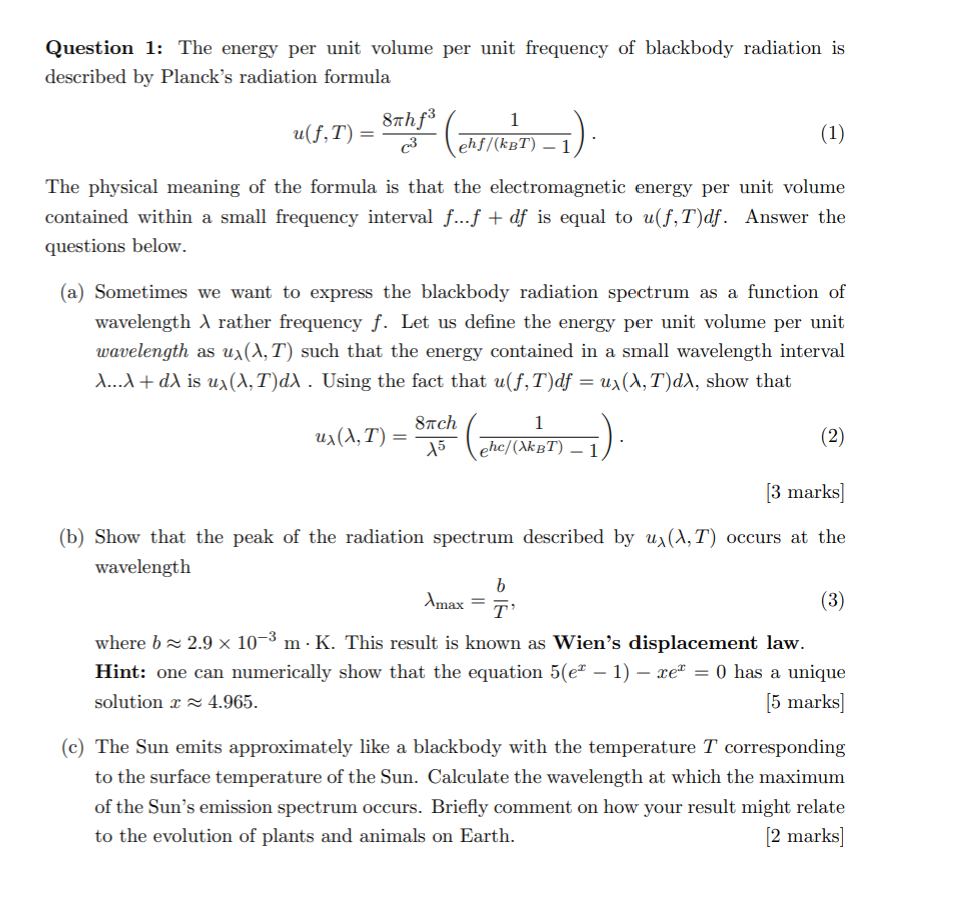 Solved Question 1: The energy per unit volume per unit | Chegg.com