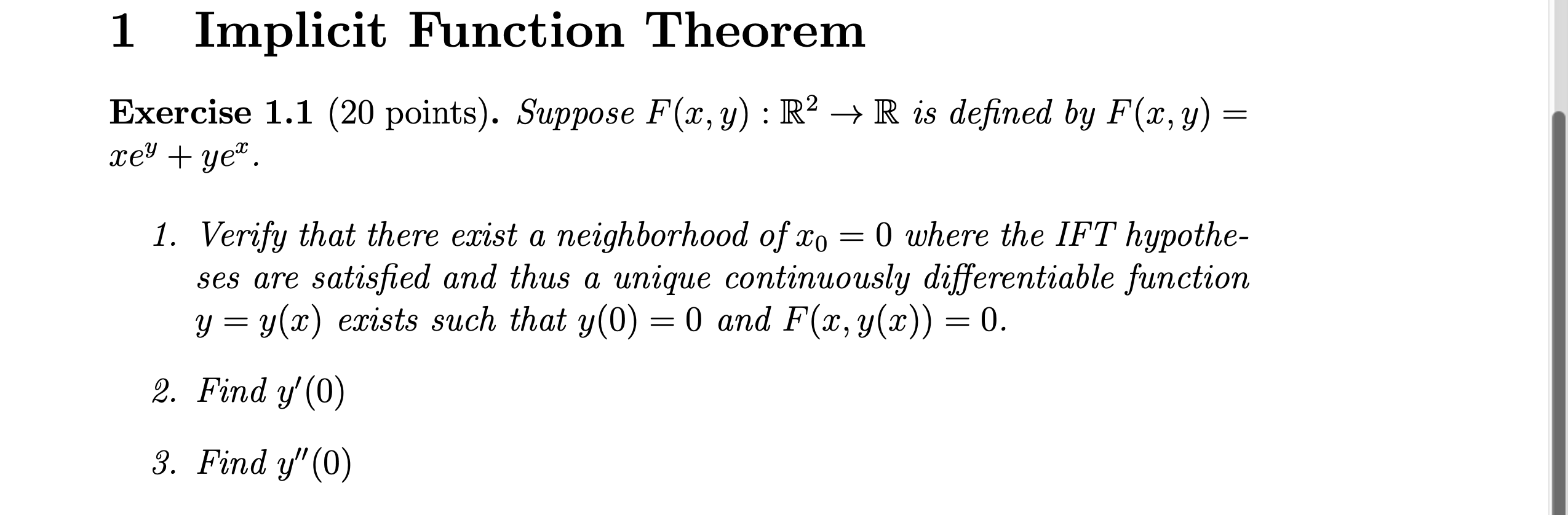 Solved 1 Implicit Function Theorem Exercise 1.1 (20 points). | Chegg.com