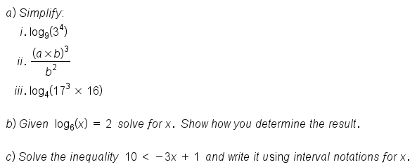 Solved a) Simplify: i.log,(34) (axb) ii. b2 iii. log (173 x | Chegg.com