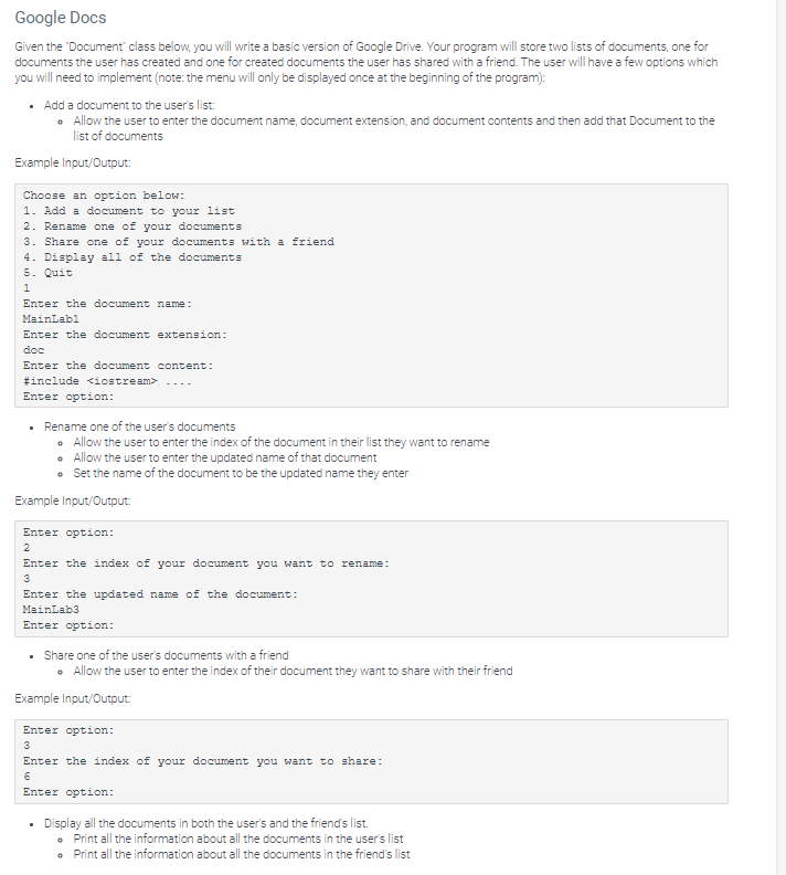 Solved Google Docs Given the "Document class below, you will | Chegg.com