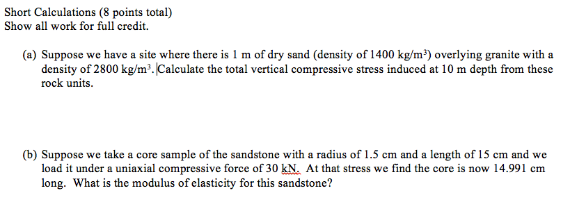 Solved Short Calculations (8 points total) Show all work for | Chegg.com