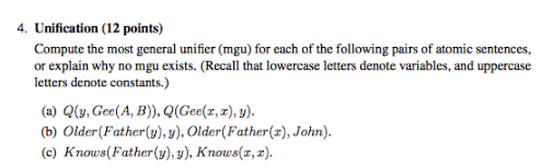Solved Unification (12 points) Compute the most general | Chegg.com