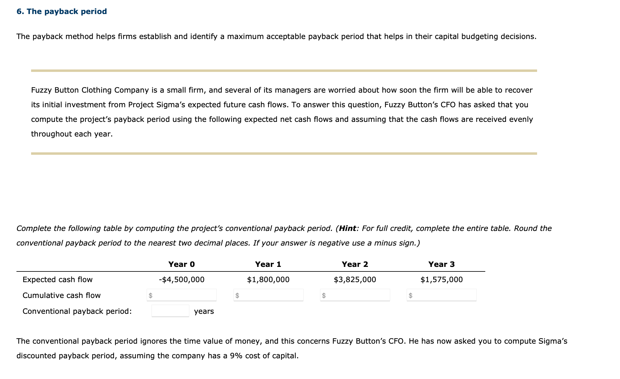 Solved 6. The payback period The payback method helps firms | Chegg.com