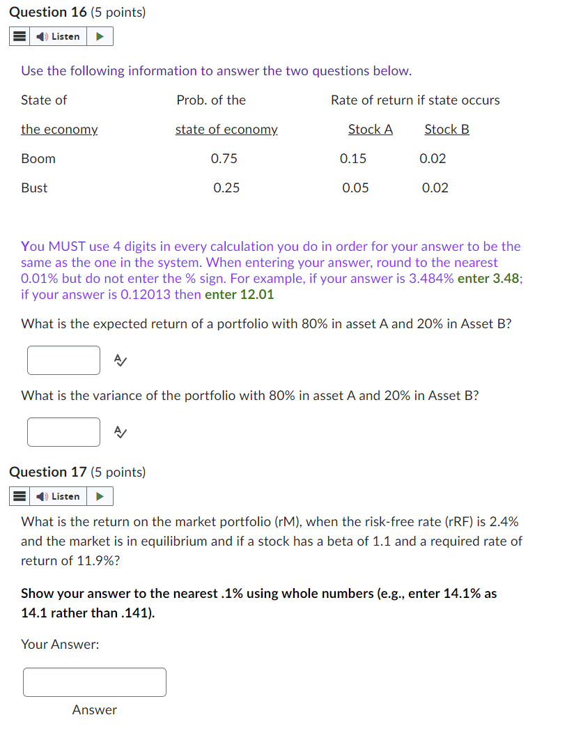 Solved Question 16 (5 ﻿points)Use the following information | Chegg.com