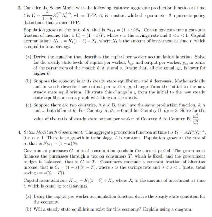 Solved 3. Consider the Solow Model with the following | Chegg.com