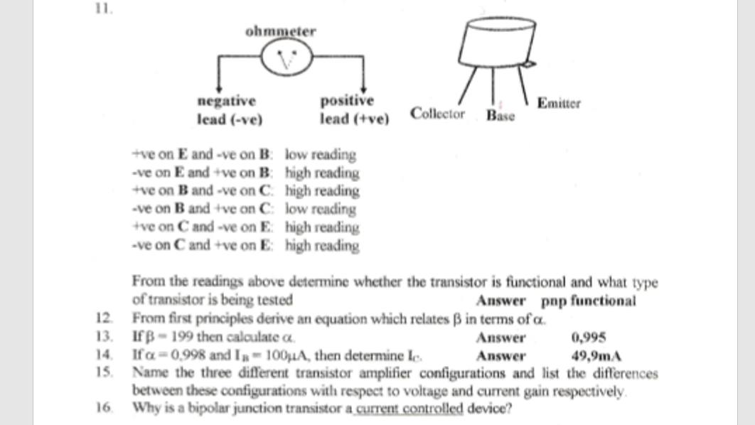 Solved 11. ohmmeter A negative positive Emitter lead (-ve) | Chegg.com