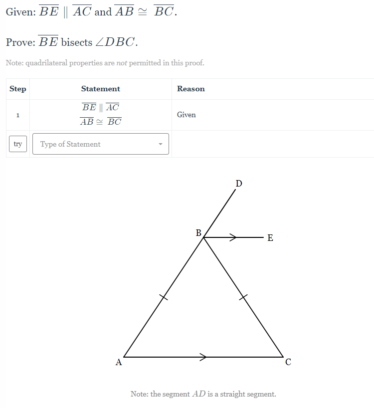 Solved Given: BE∥AC and AB≅BC. Prove: BE bisects ∠DBC. Note: | Chegg.com