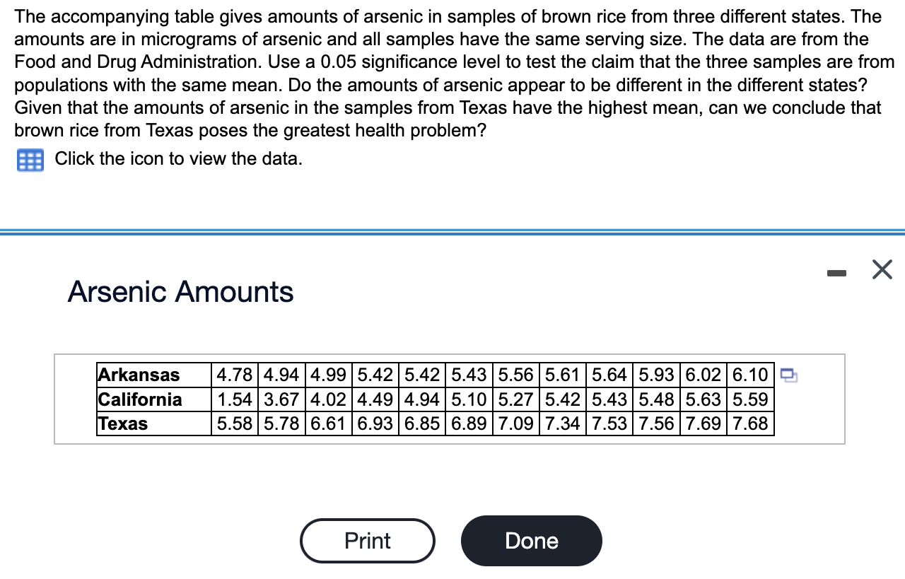 Solved The accompanying table gives amounts of arsenic in | Chegg.com