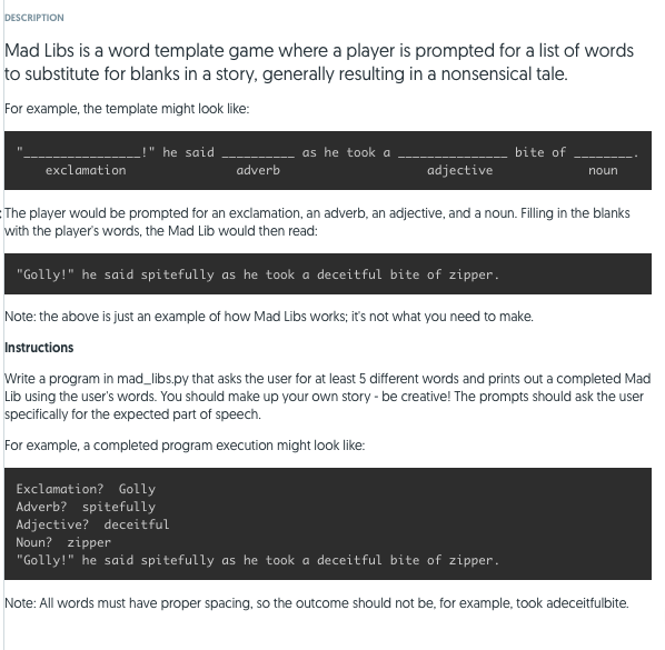 DESCRIPTION Mad Libs is a word template game where a | Chegg.com