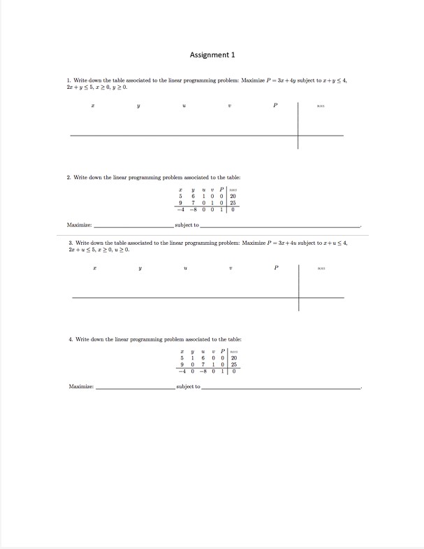 Solved 1. Write down the table associated to the linear | Chegg.com