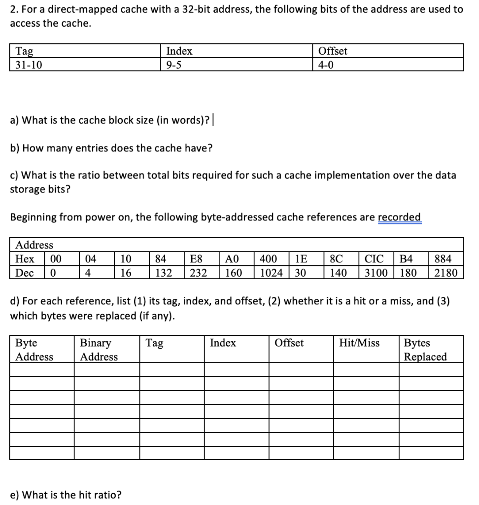 Solved 2. For a direct-mapped cache with a 32-bit address, | Chegg.com