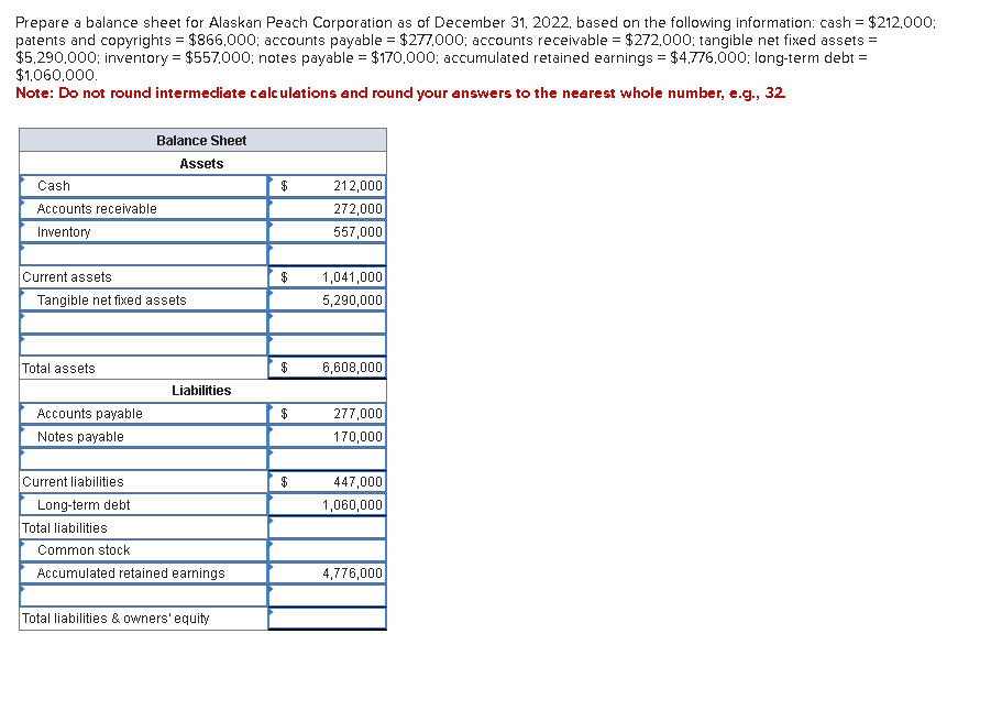 Solved Prepare a balance sheet for Alaskan Peach Corporation | Chegg.com