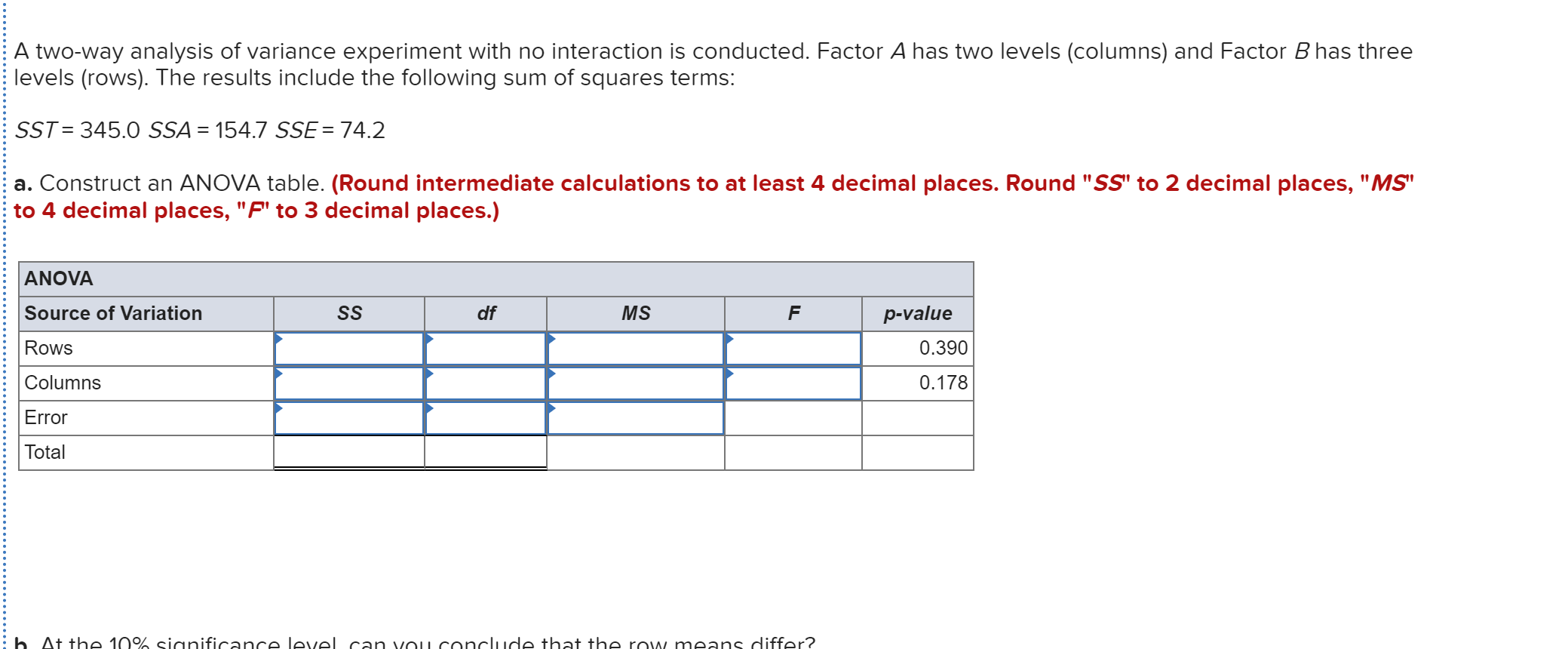 Solved A two-way analysis of variance experiment with no | Chegg.com