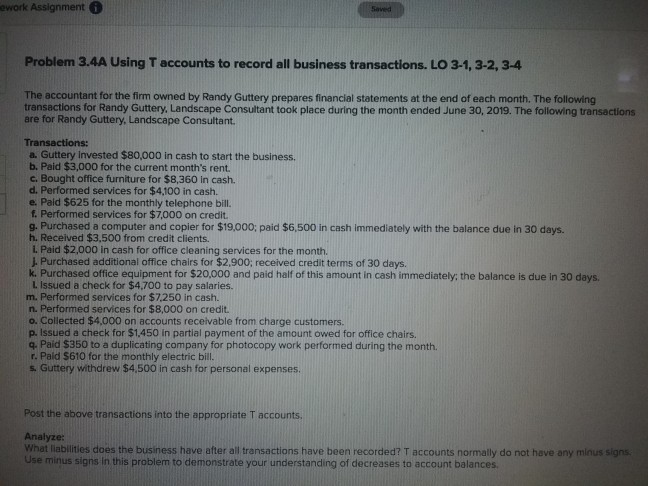 Solved ework Assignment Problem 3.4A Using T accounts to | Chegg.com