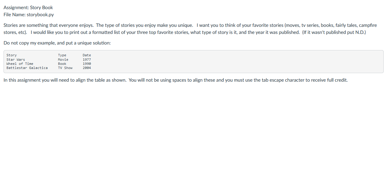 Solved Assignment: Story Book File Name: storybook.py | Chegg.com