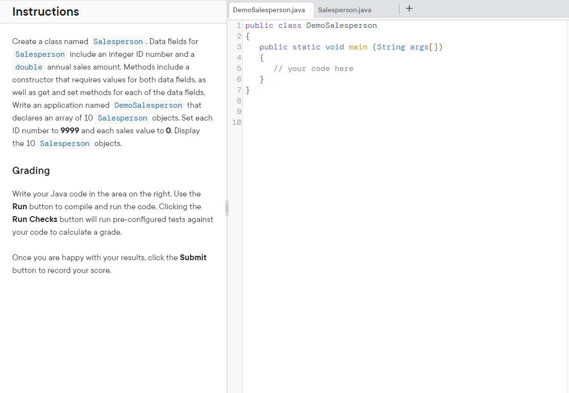 Solved Instructions JavaCreate a class named Salesperson. | Chegg.com Solved Instructions JavaCreate a class named Salesperson. | Chegg.com