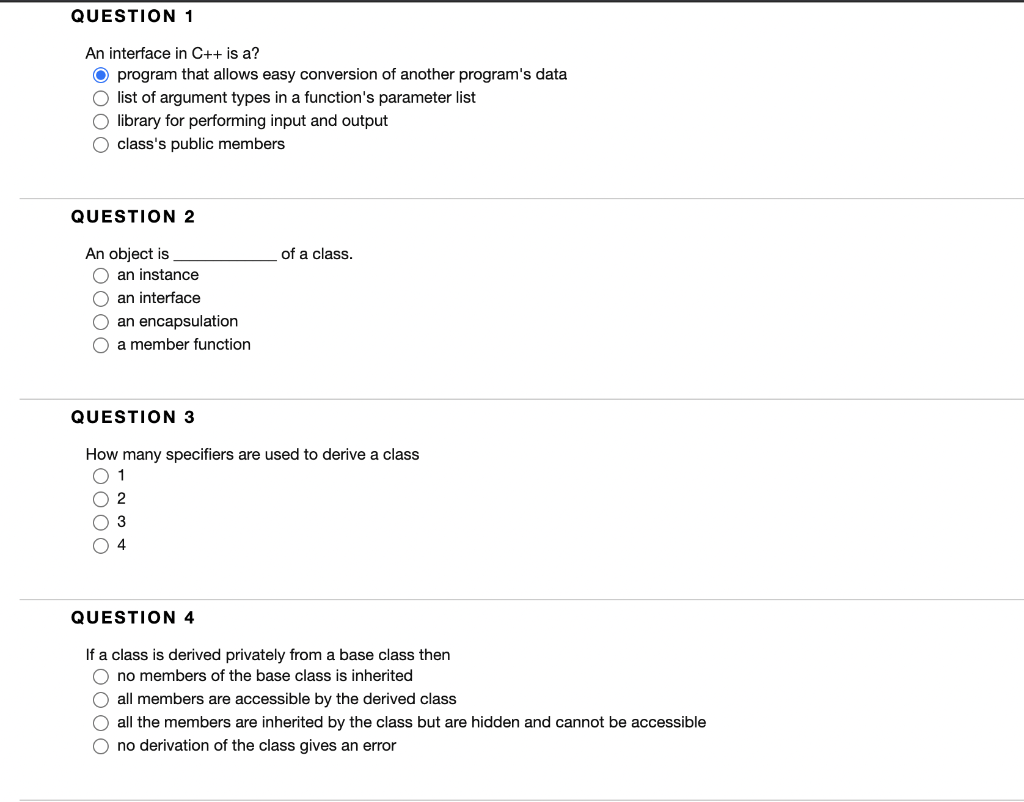 Solved QUESTION 1 An interface in C++ is a? O program that | Chegg.com