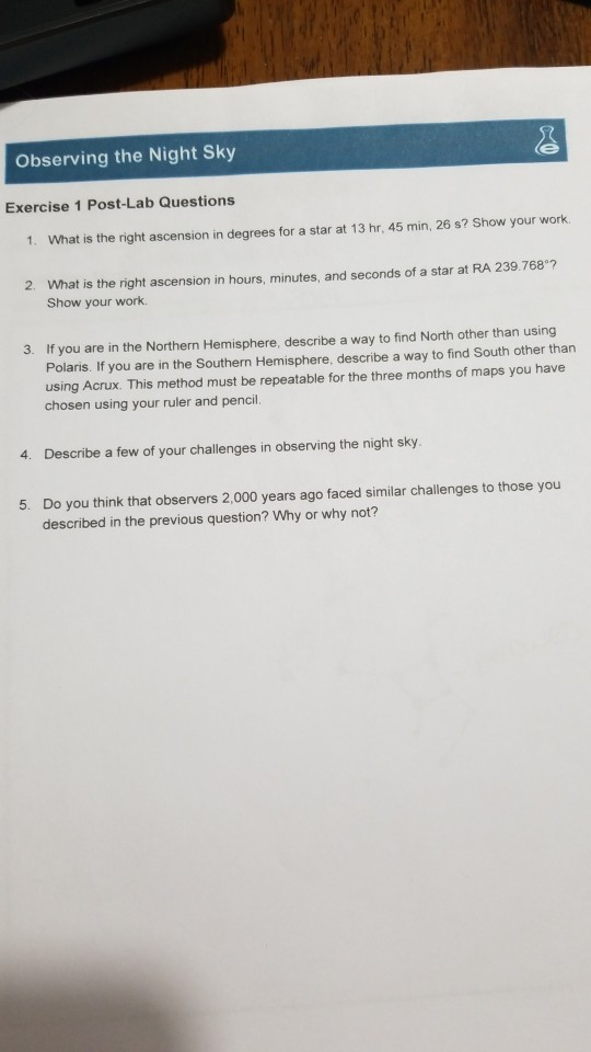 Solved Observing the Night Sky Exercise 1 Post-Lab Questions | Chegg.com