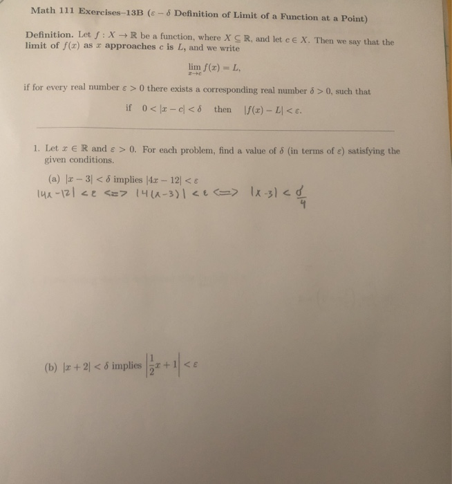 Solved Math 111 Exercises-13B (ε-δ Definition of Limit of a | Chegg.com