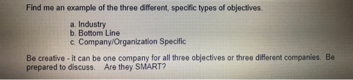 Solved Find me an example of the three different, specific | Chegg.com