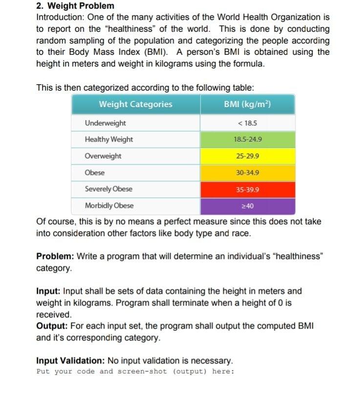 Solved 2. Weight Problem Introduction: One of the many | Chegg.com