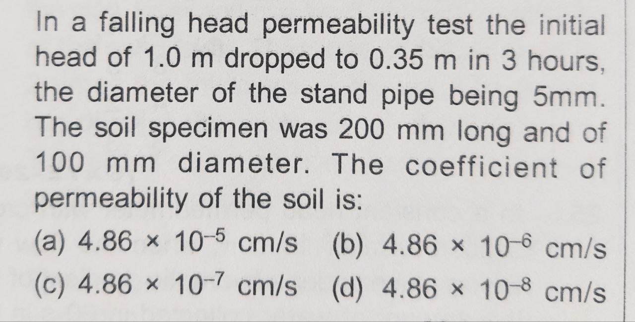 Solved In a falling head permeability test the initialhead | Chegg.com