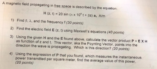 Solved A magnetic field propagating in free space is | Chegg.com