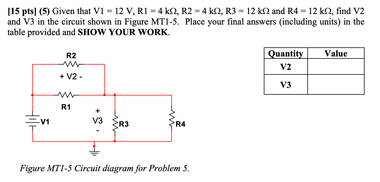 Solved [15 pts] (5) Given that V1 = 12 V, R1 = 4 kN, R2 = 4 | Chegg.com