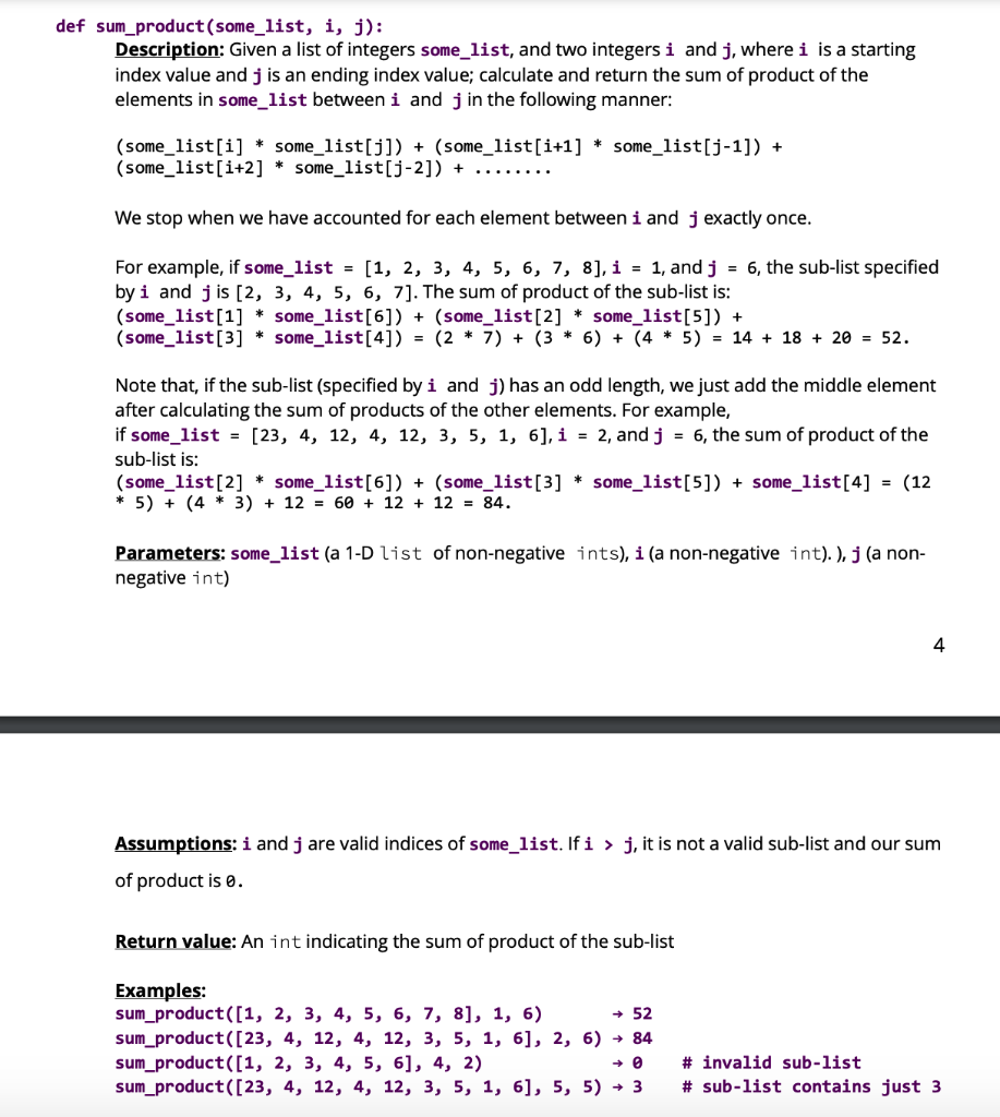 Solved def sum_product(some_list, i, j): Description: Given | Chegg.com