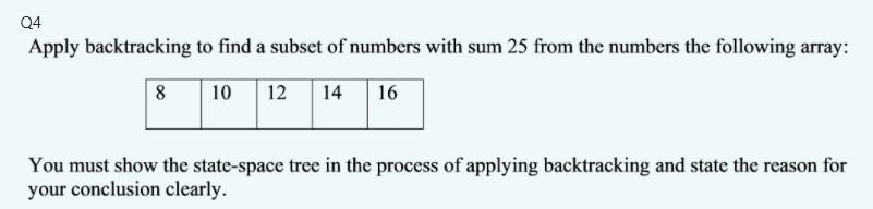 Solved Q4 Apply backtracking to find a subset of numbers | Chegg.com